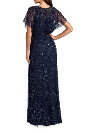 Mac Duggal Beaded Mesh Gown With Shawl - Midnight