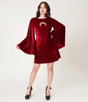SMAK PARLOUR Angel Sleeve Downtown Scene Mini Fit & Flare Dress - Red Crescent Moon