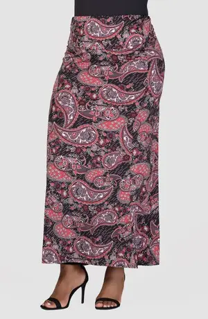 24SEVEN COMFORT APPAREL Paisley Print Maxi Skirt - Pink Multi