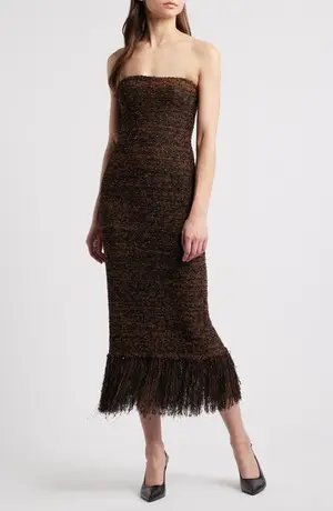FRAME Strapless Fringe Bouclé Dress