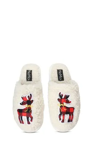 MEMOI Plaid Reindeer Faux Fur Memory Foam Slipper