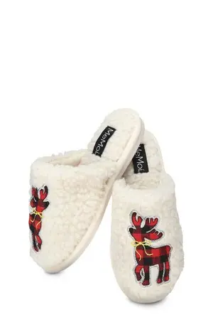 MEMOI Plaid Reindeer Faux Fur Memory Foam Slipper