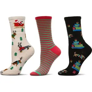 MEMOI Christmas Assorted 3-Pack Crew Socks Gray Multi