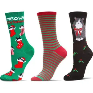 MEMOI Christmas Assorted 3-pack Crew Socks - Gray-black