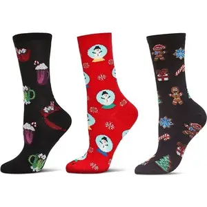 MEMOI Christmas Assorted 3-pack Crew Socks - Pink-black