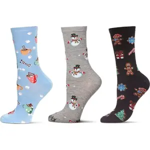 MEMOI Christmas Assorted 3-Pack Crew Socks Pink