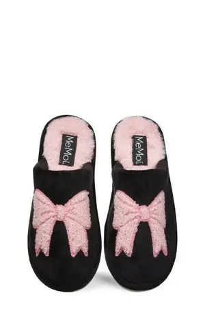 MEMOI Bow Faux Shearling Slippers - Blush