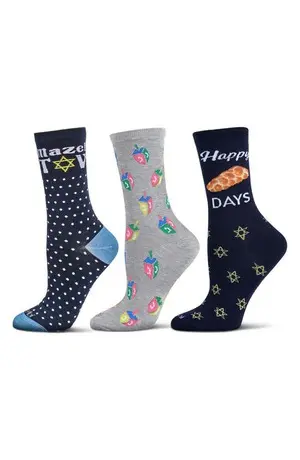 MEMOI Hanukkah Assorted 3-pack Crew Socks - Black