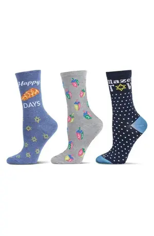 MEMOI Hanukkah Assorted 3-Pack Crew Socks Charcoal