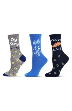 MEMOI Hanukkah Assorted 3-pack Crew Socks - Gray