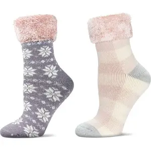 MEMOI Assorted 2-Pack Faux Fur Trim Crew Socks Pink
