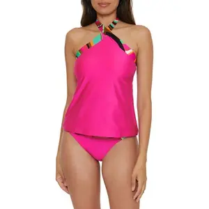 Trina Turk Swoop Reversible Halter Tankini Top - Pink Multi