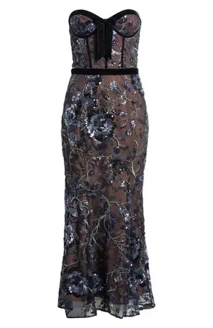 Marchesa Floral Sequin Strapless Gown