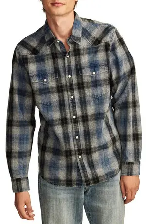 Lucky Brand Indigo Plaid Flannel Snap-up Western Shirt - Indigo Blue Plaid