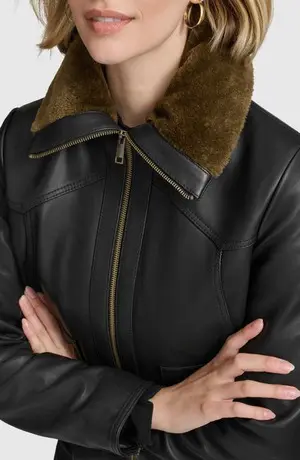 Andrew Marc Evie Leather Jacket With Faux Fur Collar