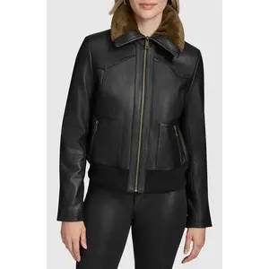 Andrew Marc Evie Lambskin Aviator Jacket With Faux Fur Collar - Black
