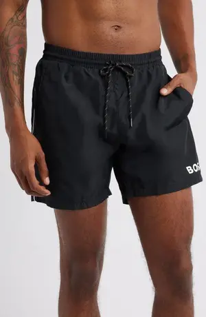 BOSS Starfish Logo Graphic Swim Trunks Black