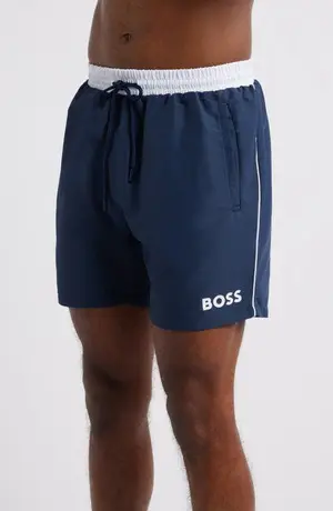BOSS Starfish Logo Graphic Swim Trunks - Navy