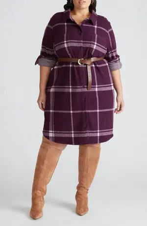 Universal Standard Long Sleeve Check Flannel Shirtdress - Oversized Burgundy Check