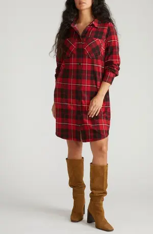 Universal Standard Long Sleeve Check Flannel Shirtdress - Ridge Brew Red Plaid