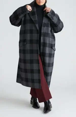 Universal Standard Belted Wool-blend Coat - Black/grey Plaid