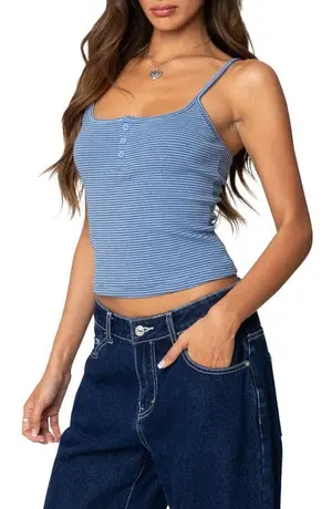 EDIKTED Stripe Henley Camisole - Blue
