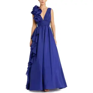 Mac Duggal Ruffle Shoulder V-neck Gown - Cobalt