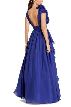 Mac Duggal Ruffle Shoulder V-neck Gown - Cobalt