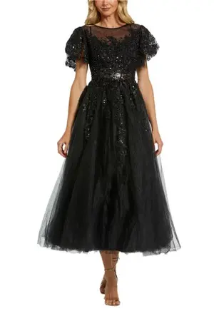 Mac Duggal Embellished Flutter Sleeve A-line Dress