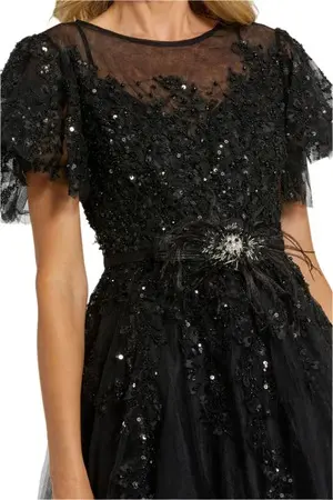 Mac Duggal Embellished Flutter Sleeve A-line Dress