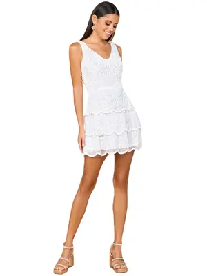 LARA NEW YORK Tiered Beaded V-neck Dress - Ivory