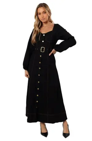 PETAL & PUP Mateo Long Sleeve Belted Denim Maxi Dress