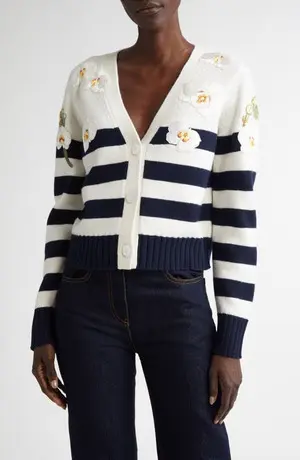 Oscar De La Renta Embroidered Orchid Stripe Wool Cardigan