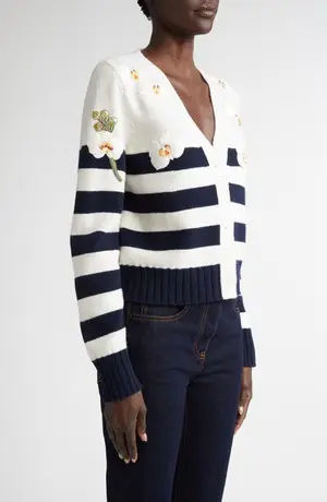 Oscar De La Renta Embroidered Orchid Stripe Wool Cardigan