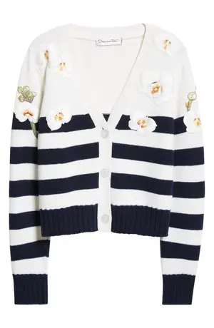 Oscar De La Renta Embroidered Orchid Stripe Wool Cardigan
