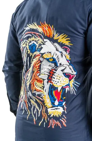 MACEOO Fibonacci Lion Embroidered Contemporary Fit Button-up Shirt - Blue