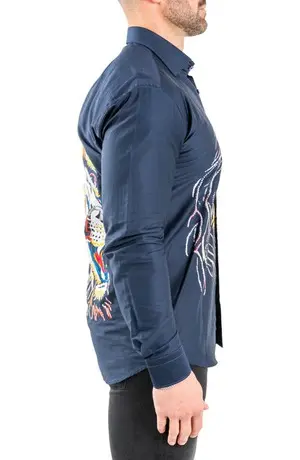 MACEOO Fibonacci Lion Embroidered Contemporary Fit Button-up Shirt - Blue