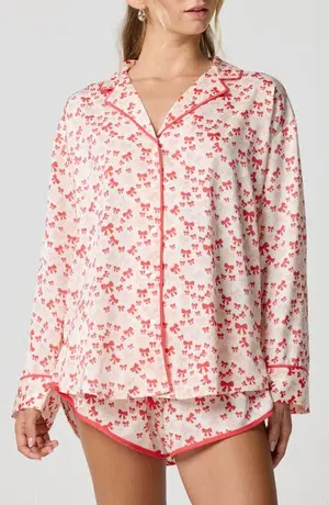 FLORENCE BY MILLS Dream Satin Pajama Shirt - Berry/ball Bow