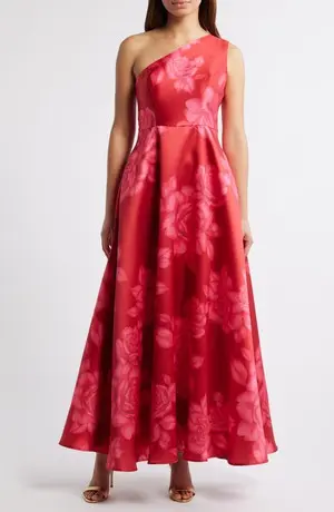 HUTCH Floral One-shoulder Satin Gown