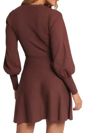 PETAL & PUP Gigi Long Sleeve Fit & Flare Sweater Minidress - Brown