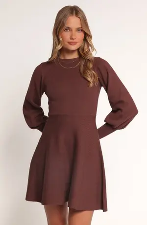 PETAL & PUP Gigi Long Sleeve Fit & Flare Sweater Minidress - Brown
