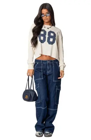 EDIKTED 88 Crop Long Sleeve Waffle Knit Top - Cream