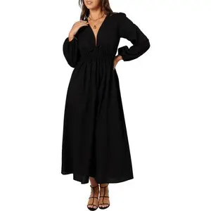 PETAL & PUP Cece Long Sleeve Maxi Dress - Black