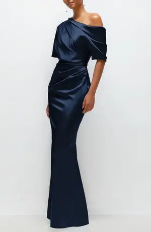 After Six Ruched One-shoulder Satin Gown - Midnight