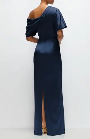 After Six Ruched One-shoulder Satin Gown - Midnight