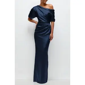 After Six Ruched One-shoulder Satin Gown - Midnight