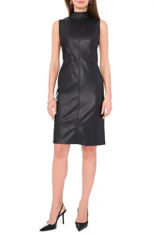 Vince Camuto Mock Neck Faux Leather Sheath Dress - Rich Black