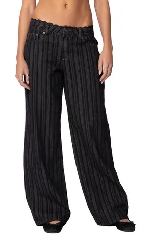 EDIKTED Stripe Lace Trim Wide Leg Jeans - Black