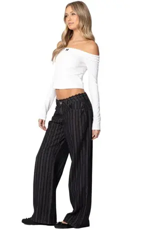 EDIKTED Stripe Lace Trim Wide Leg Jeans - Black