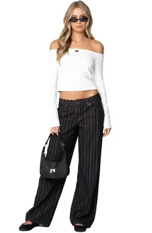 EDIKTED Stripe Lace Trim Wide Leg Jeans - Black